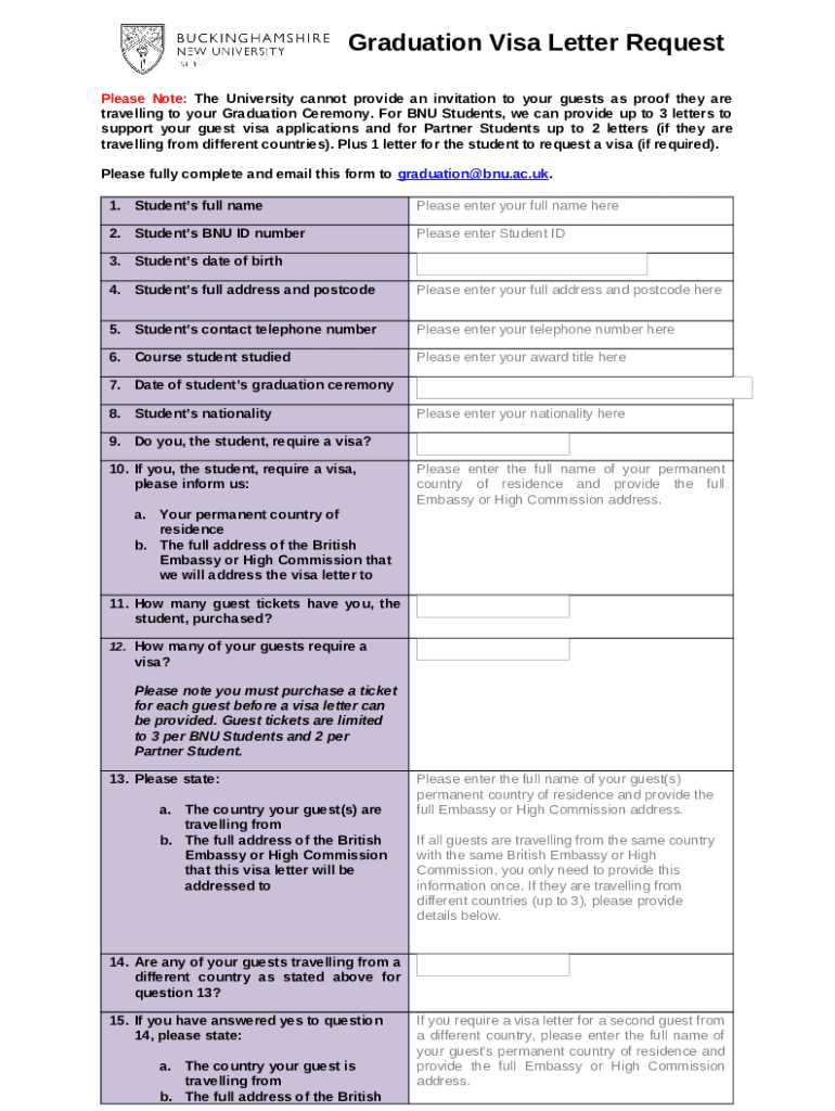 Graduation Visa Letter Request Doc Template | pdfFiller