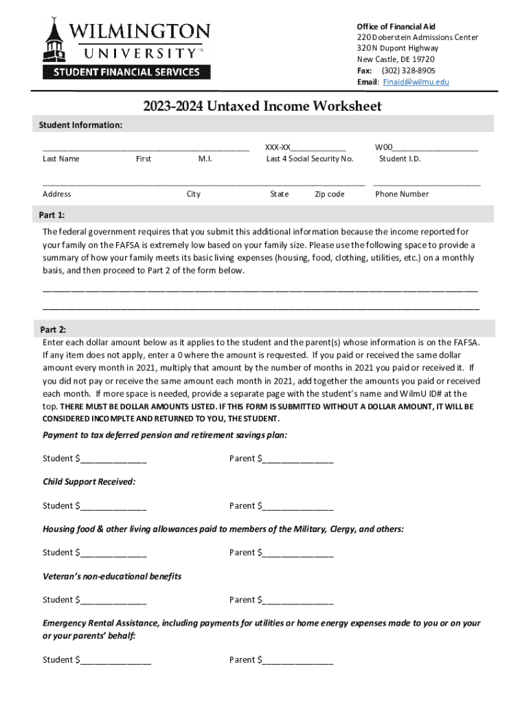 Fillable Online Fillable Online wilmu 2016-2017 Untaxed Income Worksheet Fax Email Print - pdfFiller