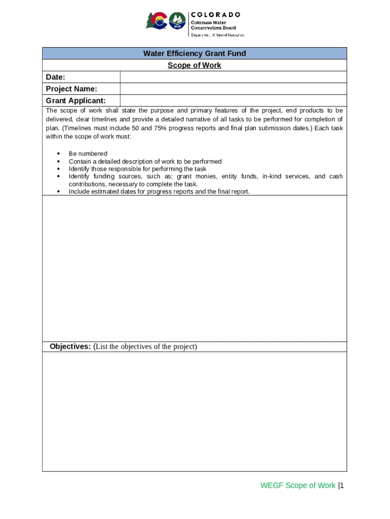 Water Efficiency Grant Scope of Work Doc Template | pdfFiller