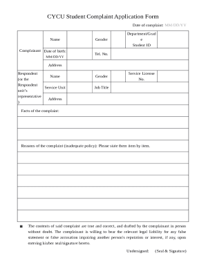CYCU Student Complaint Application Doc Template | pdfFiller