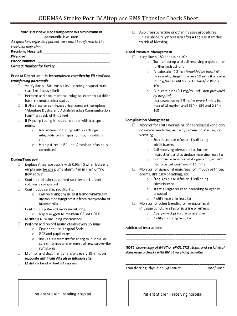Fillable Online Sample EMS Post-IV thrombolytic Transfer Protocol Fax Email Print - pdfFiller