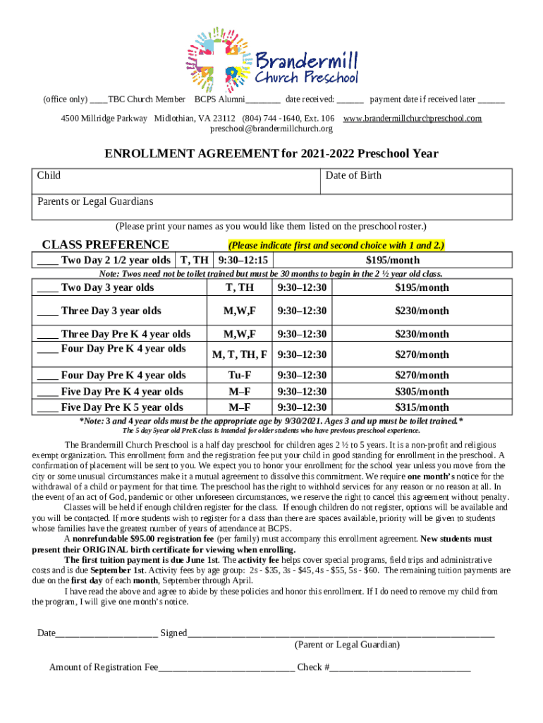 ENROLLMENT AGREEMENT for 2021-2022 Preschool Year Doc Template | pdfFiller