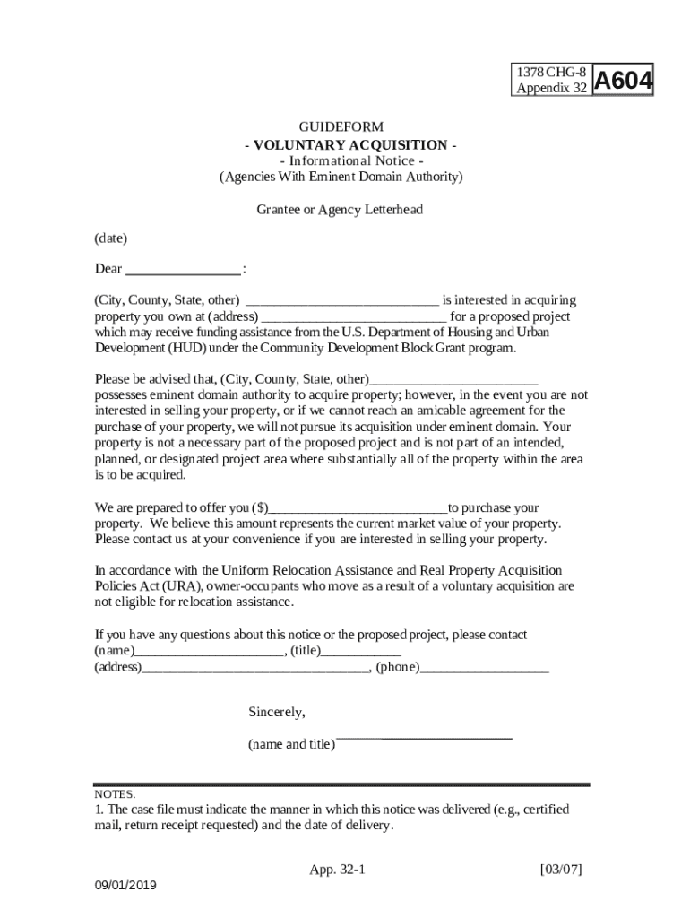 Sample Voluntary Acquisition Notice for Agencies (w/o ... Doc Template | pdfFiller