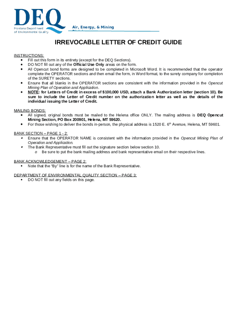instructions for irrevocable standby letter of credit ( ... - deq mt ...