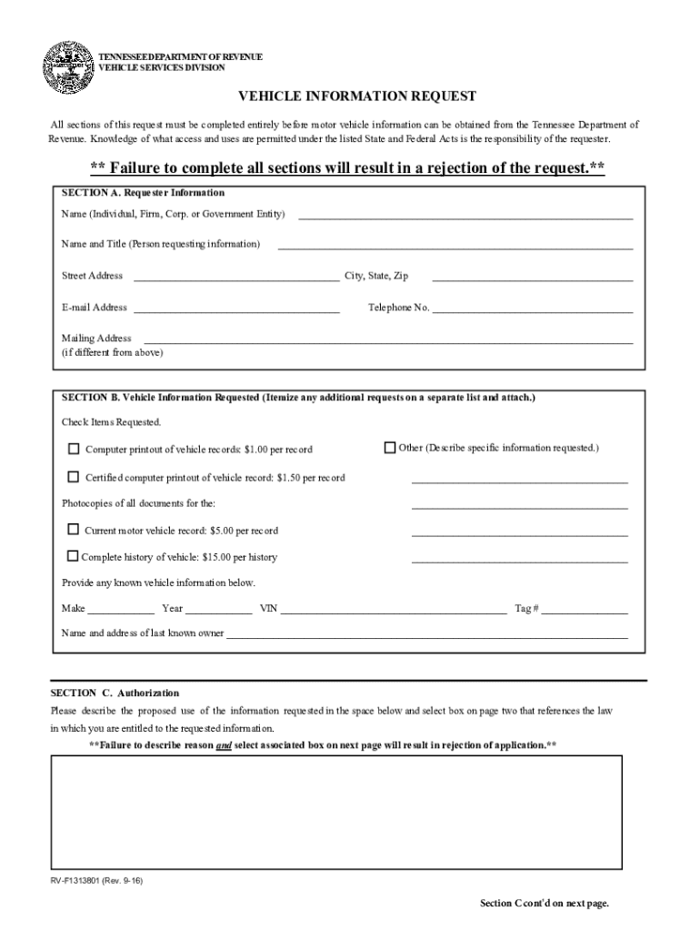 Fillable Online Vehicle Information Request. Vehicle Information ...