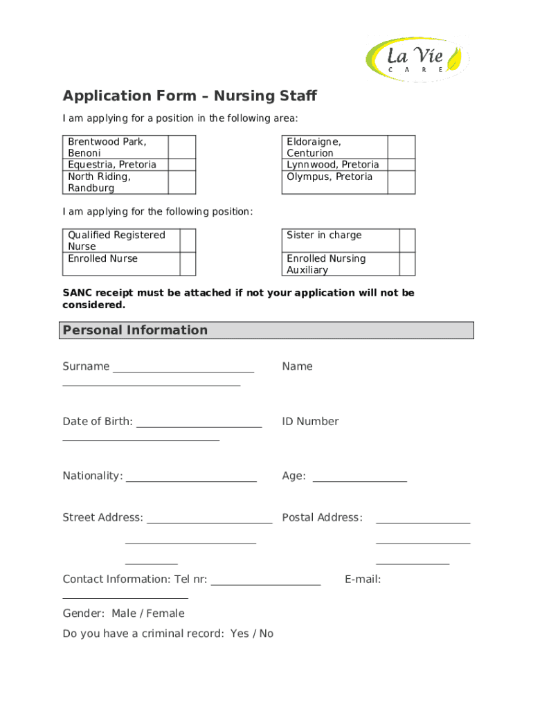 Application Nursing Staff Doc Template | pdfFiller