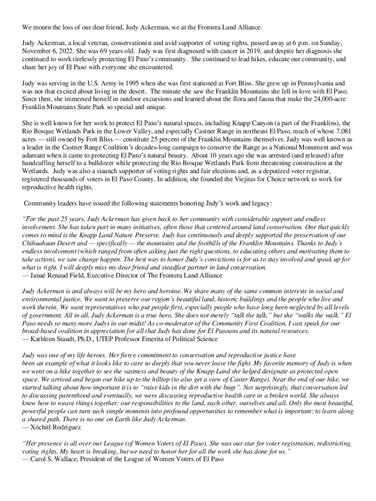 Fillable Online We mourn the loss of our dear friend, Judy Ackerman ...