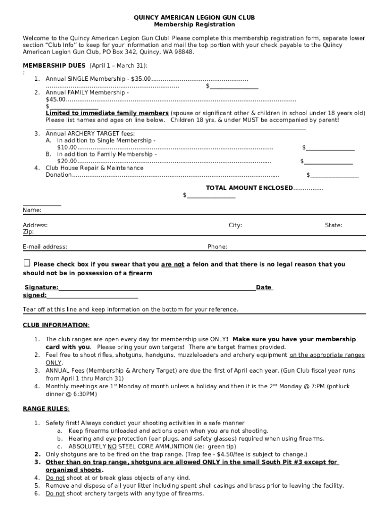 AMERICAN LEGION GUN CLUB Membership Registration Doc Template | pdfFiller