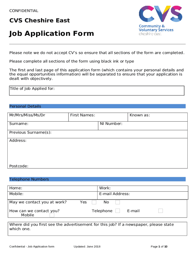 CVS Cheshire East - Job Application Doc Template | pdfFiller