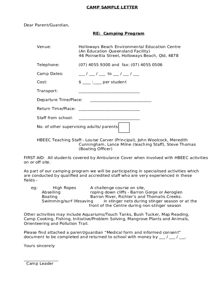 Camp sample letter Doc Template | pdfFiller
