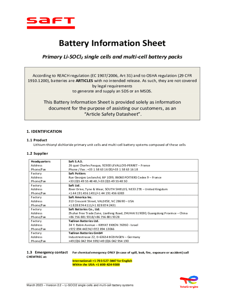 Fillable Online Saft - Battery Information Sheet Primary Li-SO2 single ...