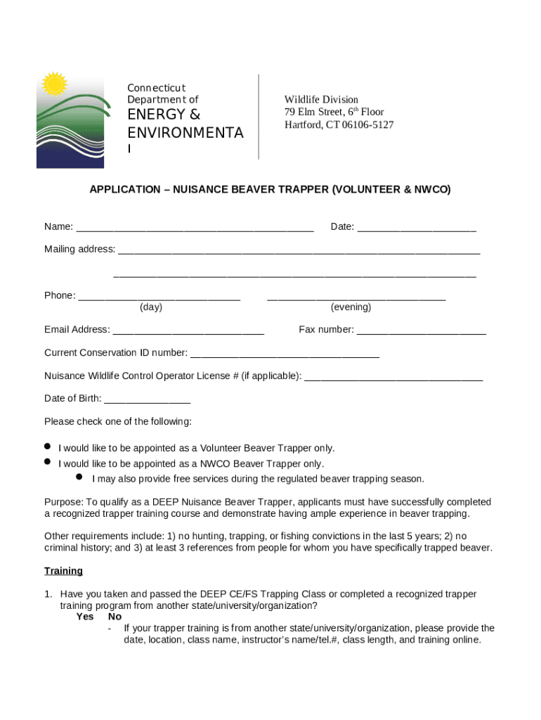 Nuisance Beaver Trapper Application Doc Template | pdfFiller