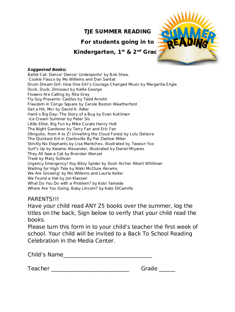 Summer Reading Book List for Grades Pre-K-K Doc Template | pdfFiller