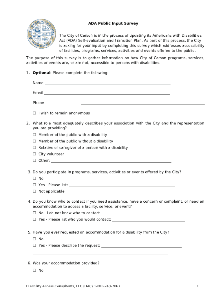 ADA Survey for Public Input - City of Carson - ci carson ca Doc Template | pdfFiller