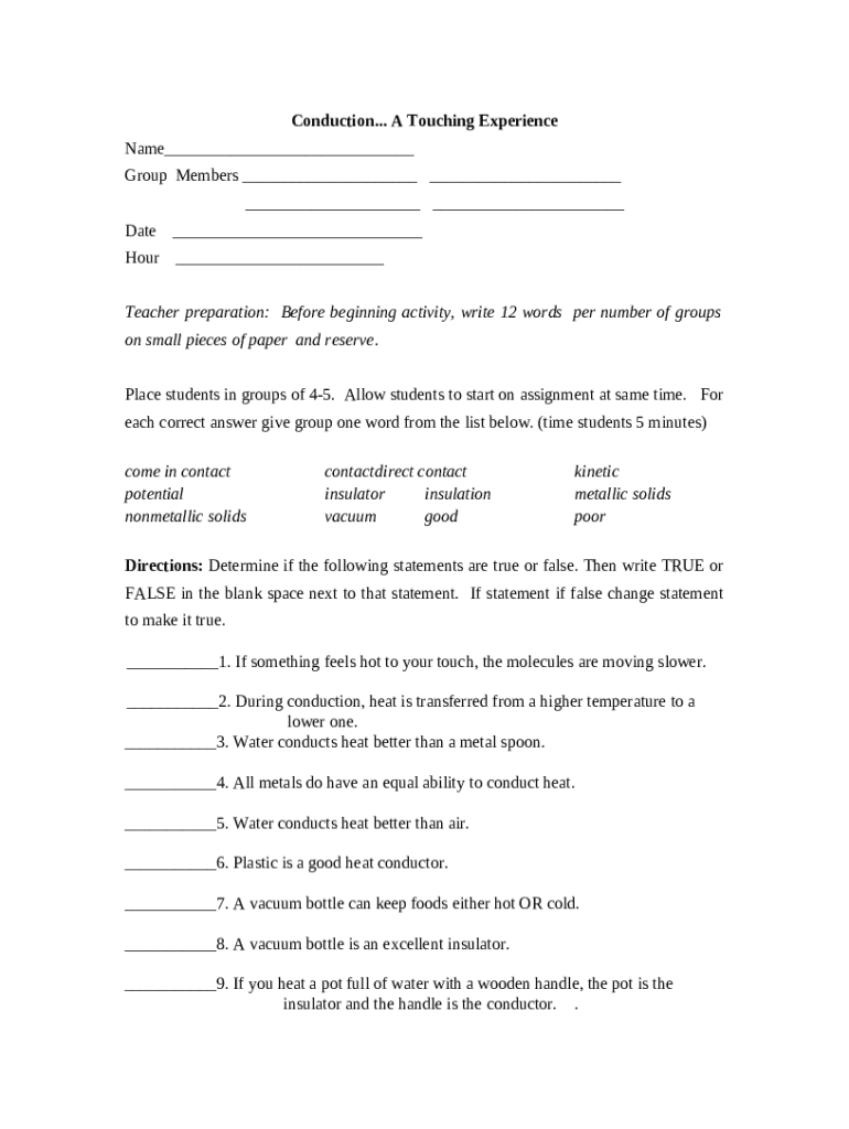 Conduction - Worksheet Doc Template | pdfFiller