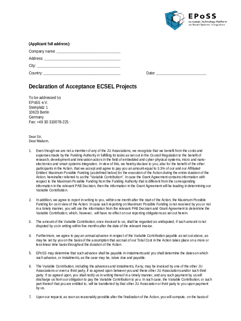 Declaration of Acceptance ECSEL Projects Doc Template | pdfFiller