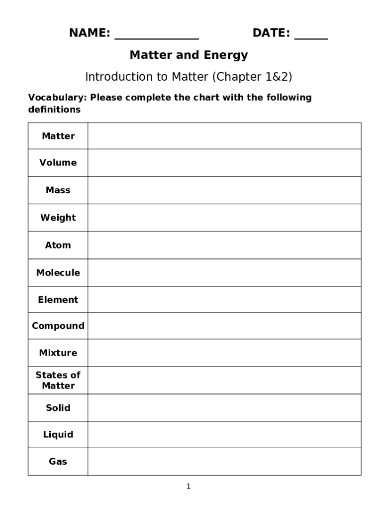 Matter and Energy Part 1 Introduction to Matter and Energy Doc Template ...