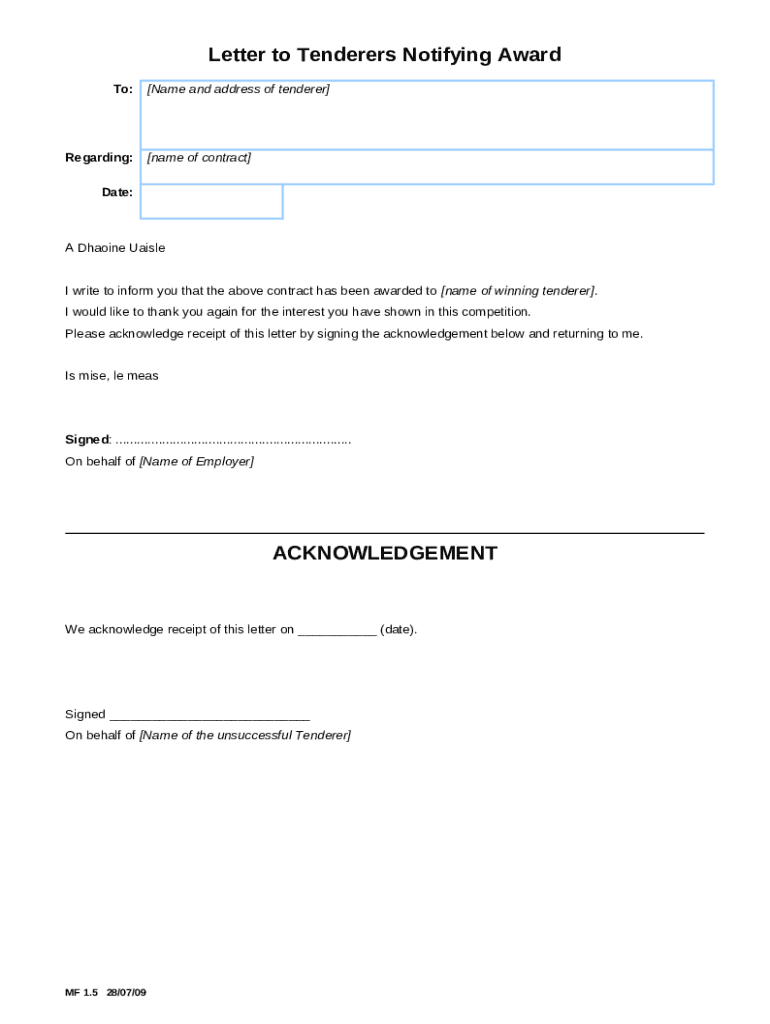 Template Outcome Letter 7: Letter to the successful tenderer Doc ...