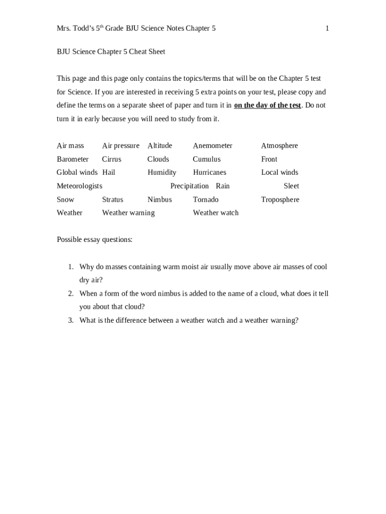 BJU Science Chapter 5 Cheat Sheet Doc Template | pdfFiller