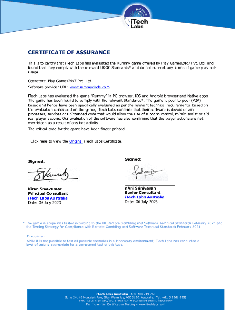 Fillable Online Random Number Generator Certificate by iTech Labs Fax ...