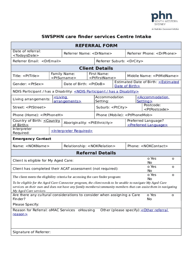 SWSPHN care finder services Centre Intake REFERRAL ... Doc Template ...