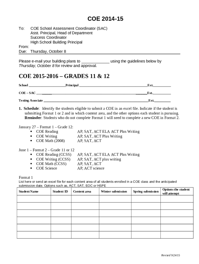 To:COE School Assessment Coordinator (SAC) Doc Template | pdfFiller