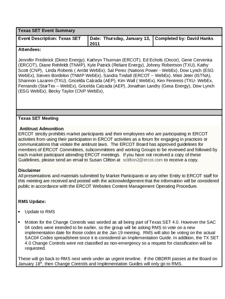 Texas SET Event Summary Doc Template | pdfFiller