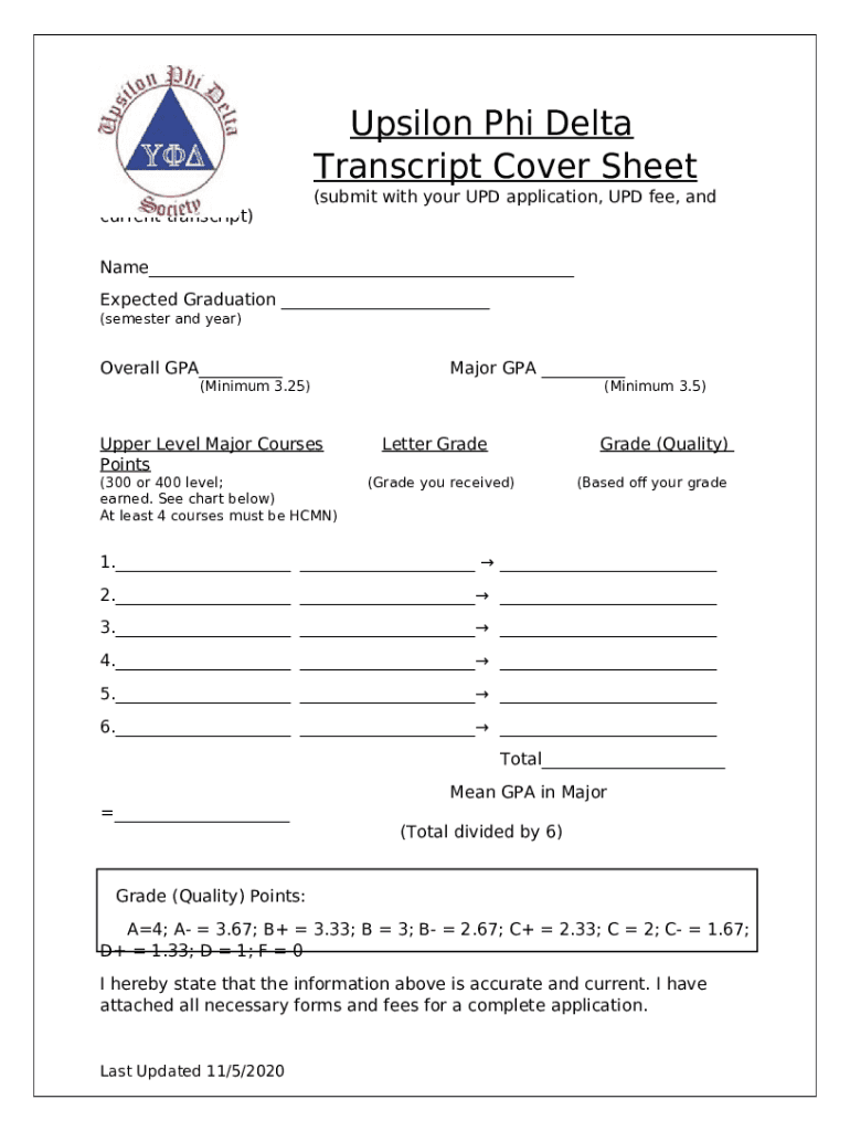 Upsilon Phi Delta Transcript Cover Sheet Doc Template | pdfFiller