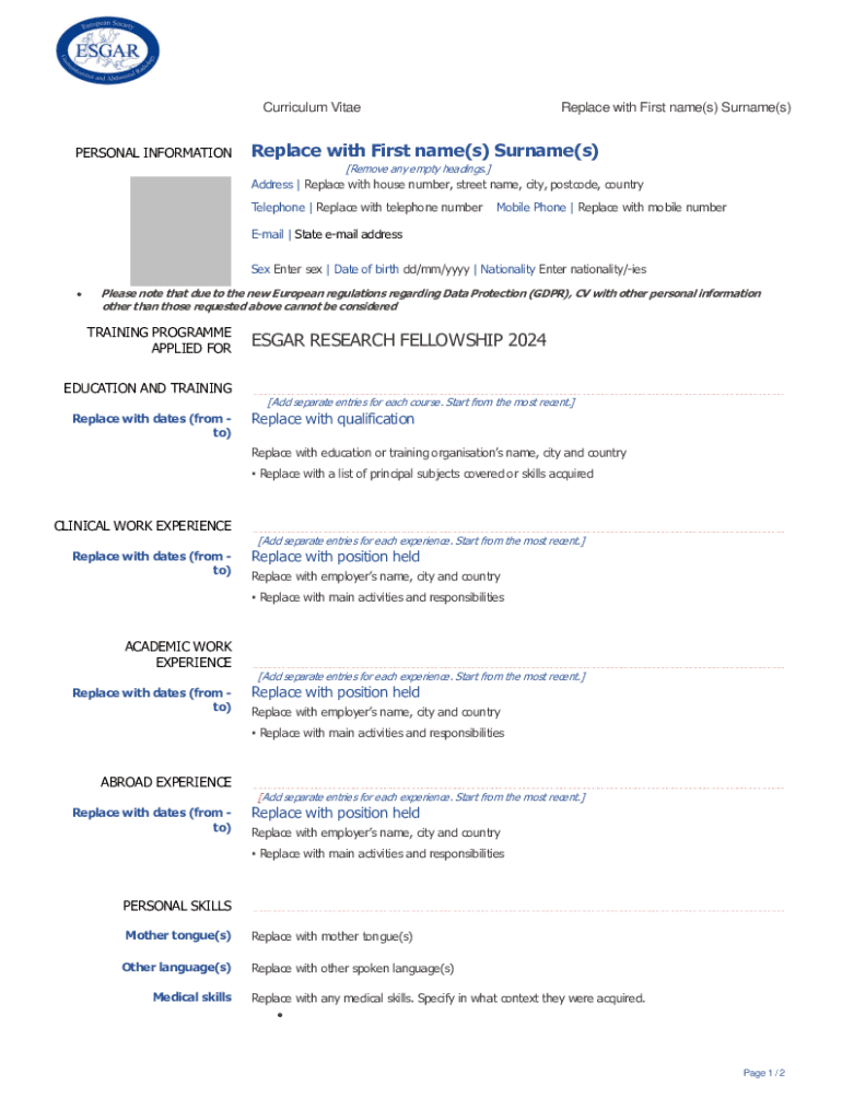 Fillable Online Curriculum Vitae Replace With First Name(s) Surname(s)PDF Fax Email Print ...