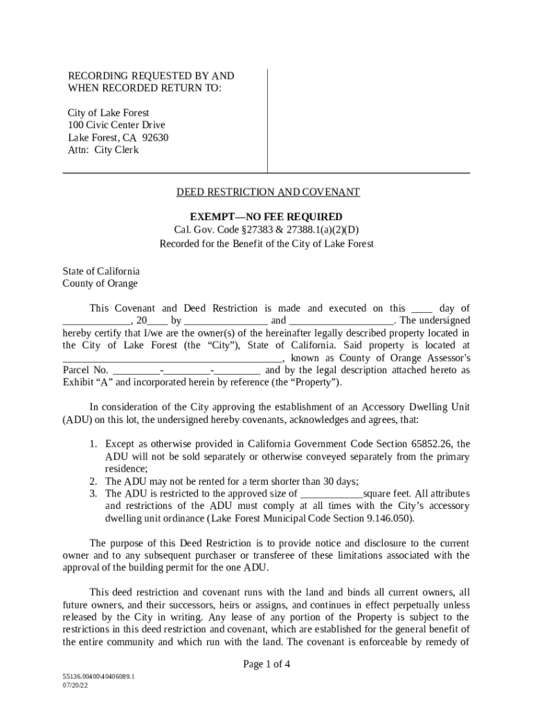 JADU Deed Restriction Doc Template | pdfFiller