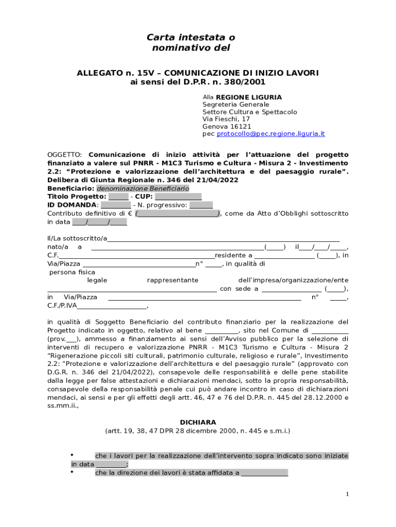 Allegato n.15V - Comunicazione inizio lavori Doc Template | pdfFiller