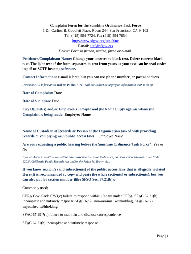 Sunshine Ordinance Task Force Complaint Doc Template | pdfFiller