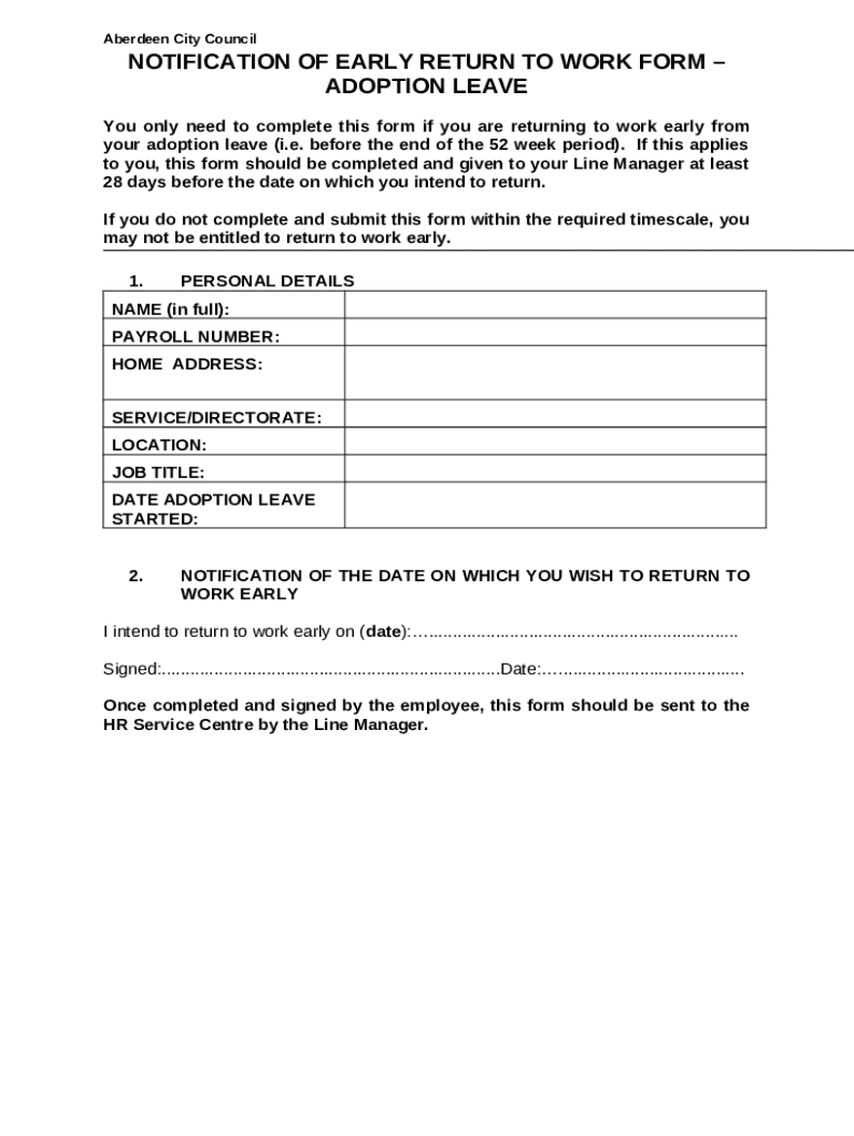 NOTIFICATION OF EARLY RETURN TO WORK Doc Template | pdfFiller