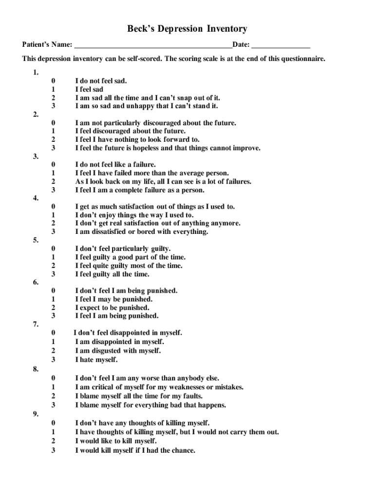 Fillable Online Beck Depression Inventory (BDI) - Addiction Research ...