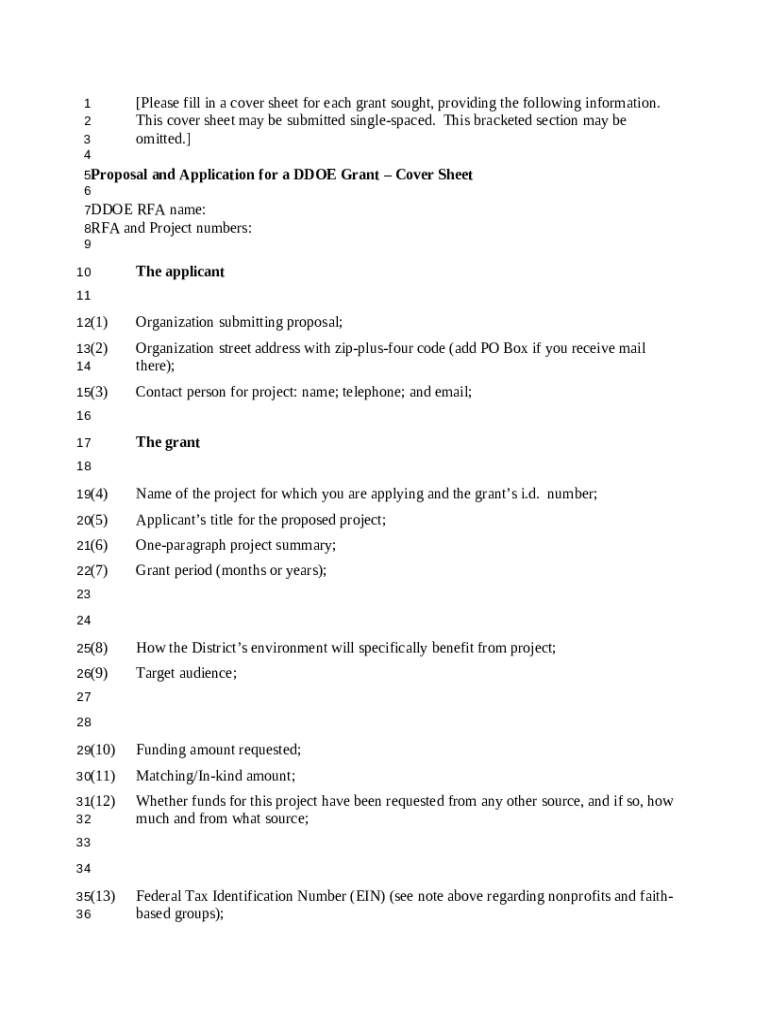 Proposal and Application for a DDOE Grant - Cover Sheet Doc Template | pdfFiller