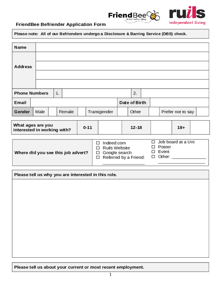 FriendBee Befriender Application Doc Template | pdfFiller