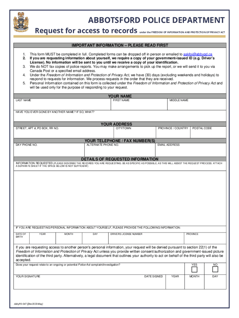 Fillable Online Abbotsford Police Department Police Information Checks ...