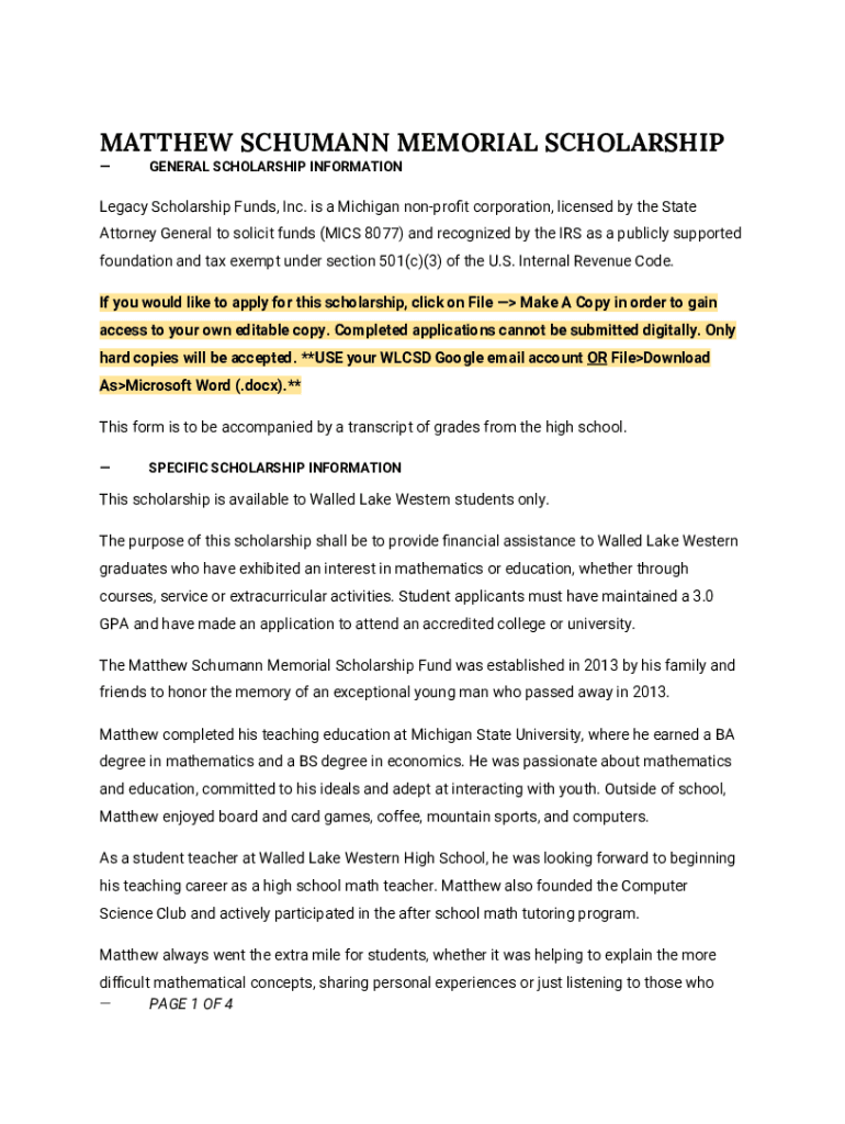 Legacy Scholarship FundsWalled Lake, MI Doc Template | pdfFiller