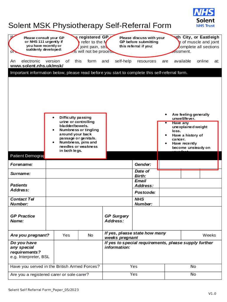 Self-Referral to the Southern Health MSK Physiotherapy Service Doc ...