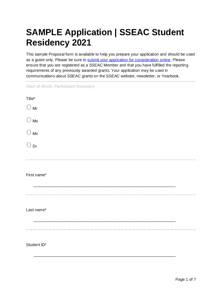 SAMPLE Application SSEAC Student Residency 2021 Doc Template | pdfFiller