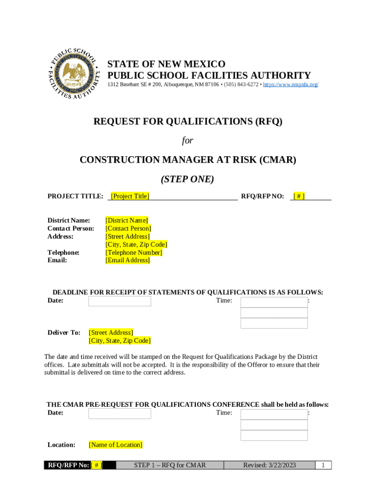 CMAR Step 1Request for Qualifications RFQ ... Doc Template | pdfFiller