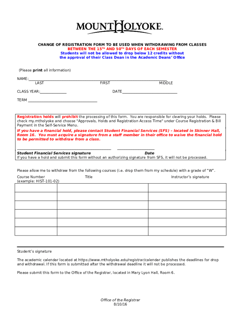 Registration Adjustments: Dropping, Adding, or Withdrawing Doc Template | pdfFiller