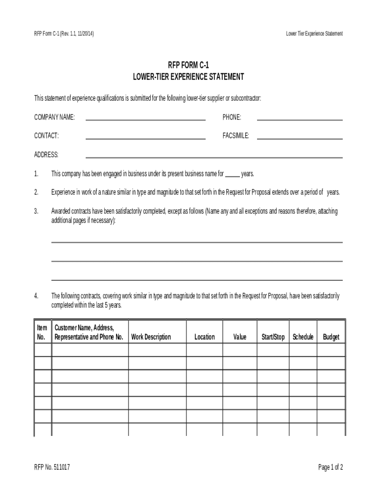 RFP C-1 Lower Tier Experience Statement Doc Template | pdfFiller