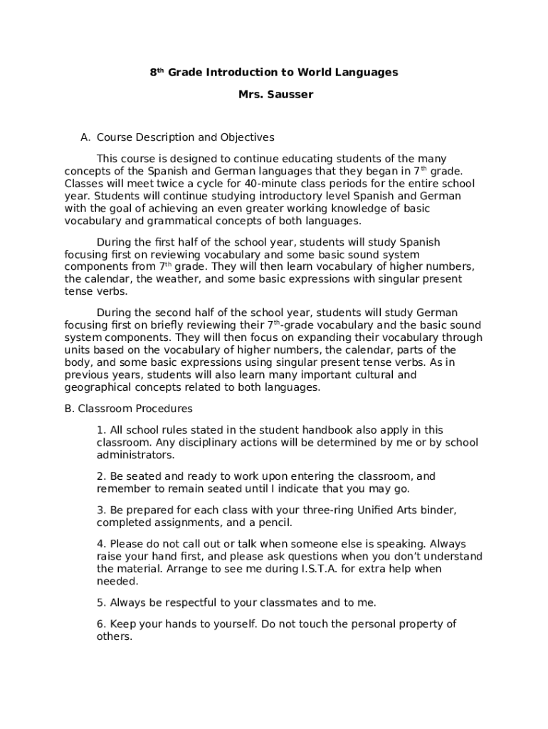 Introduction to World Languages Course Outline Doc Template | pdfFiller