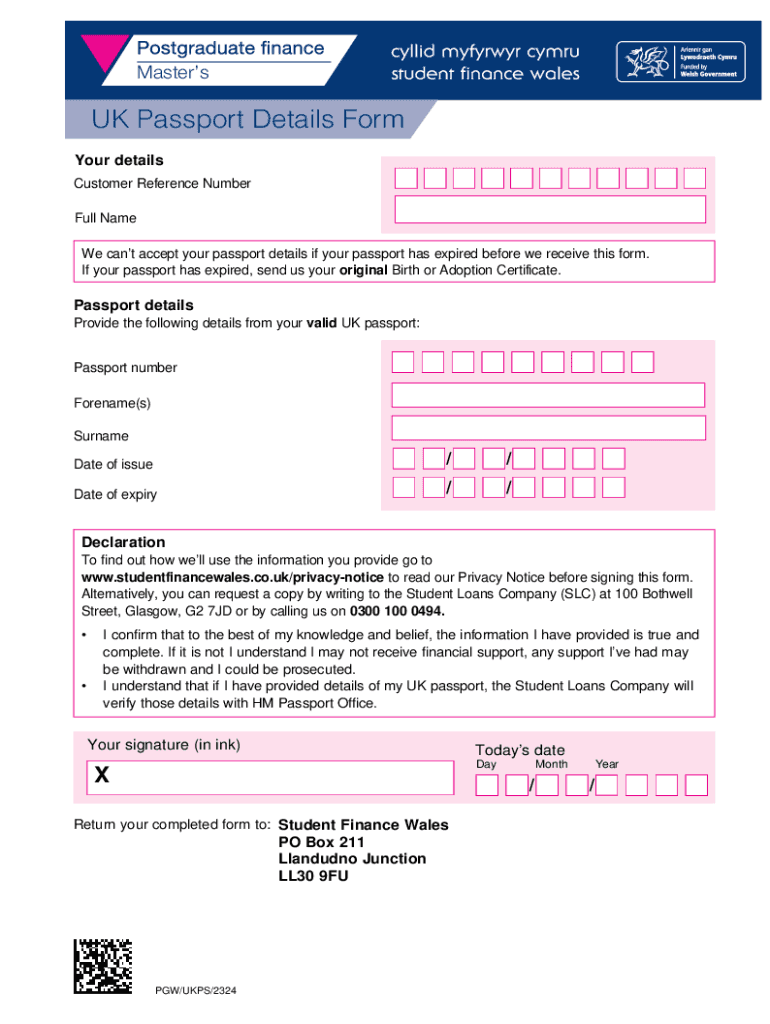Fillable Online Postgraduate Loan Masters - UK Passport Details Form ...