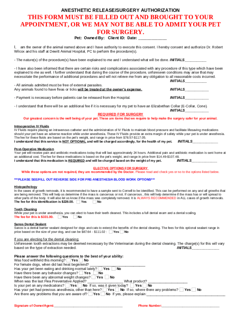 Veterinary Service Authorization Doc Template | pdfFiller