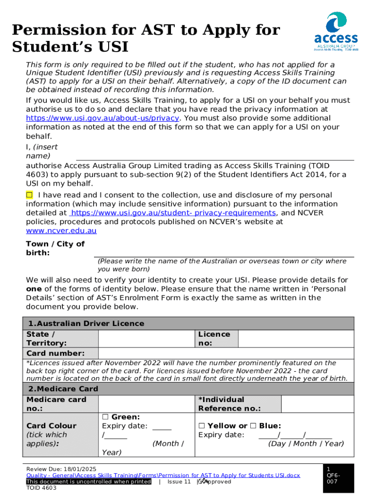 Permission for AST to Apply for Student's USI Doc Template | pdfFiller