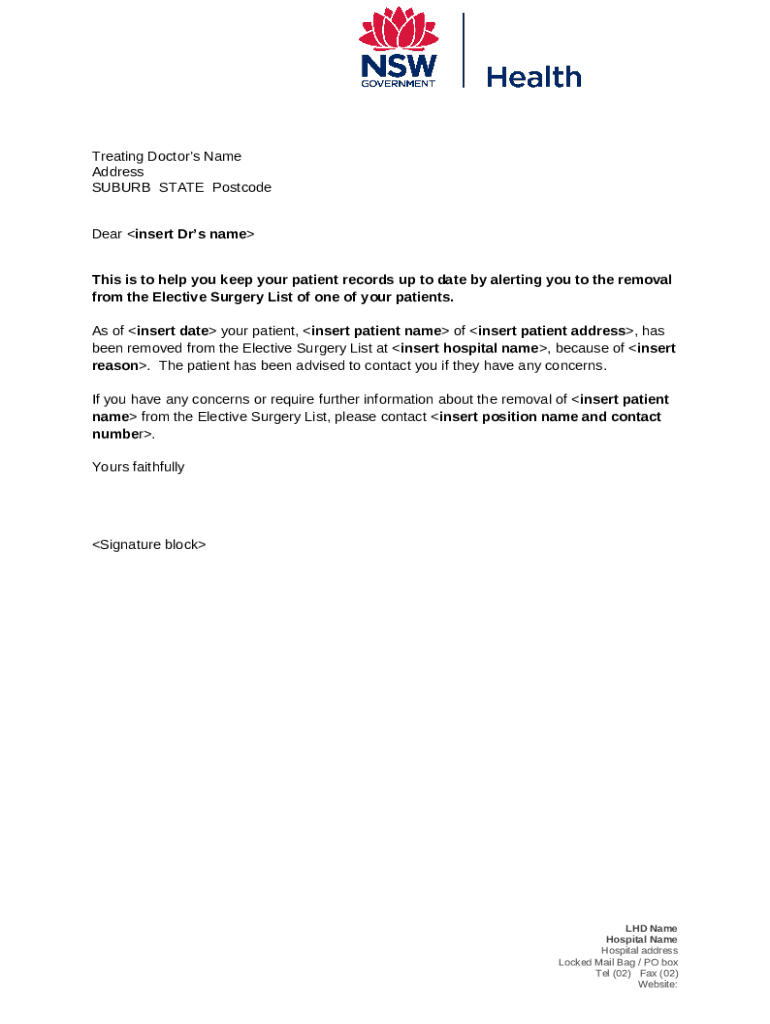 Letter advising Treating Doctor of patient removal from Elective ...