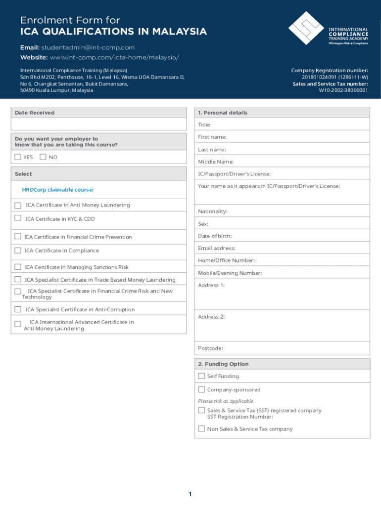 Fillable Online Enrolment Form for ICA QUALIFICATIONS IN MALAYSIA Fax ...