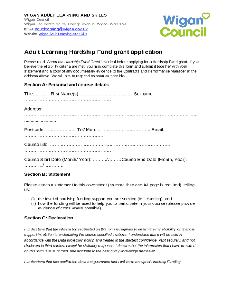 Adult Learning Hardship Fund grant application Doc Template | pdfFiller